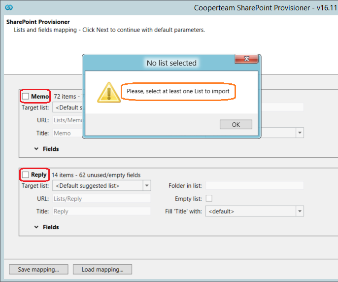 Warning: "No list selected" – Cooperteam Support Portal